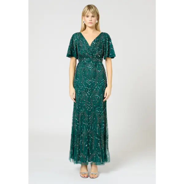 BEAUUT Embellished Sequins Wrap Neck Maxi Dress - Emerald Green