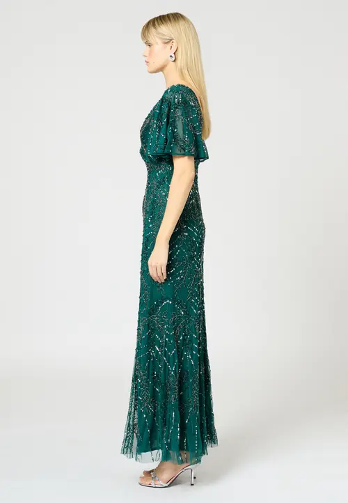 BEAUUT Embellished Sequins Wrap Neck Maxi Dress