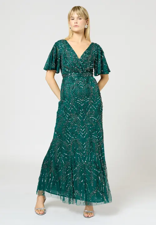 BEAUUT Embellished Sequins Wrap Neck Maxi Dress