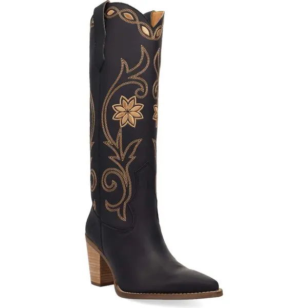 DINGO Miss Daisy Knee-high Western Boots With Floral Embroidery - Black