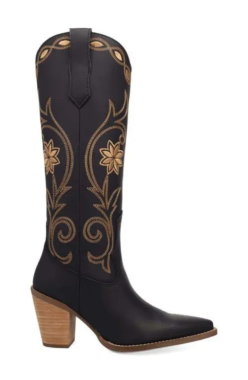 DINGO Miss Daisy Knee-high Western Boots With Floral Embroidery - Black
