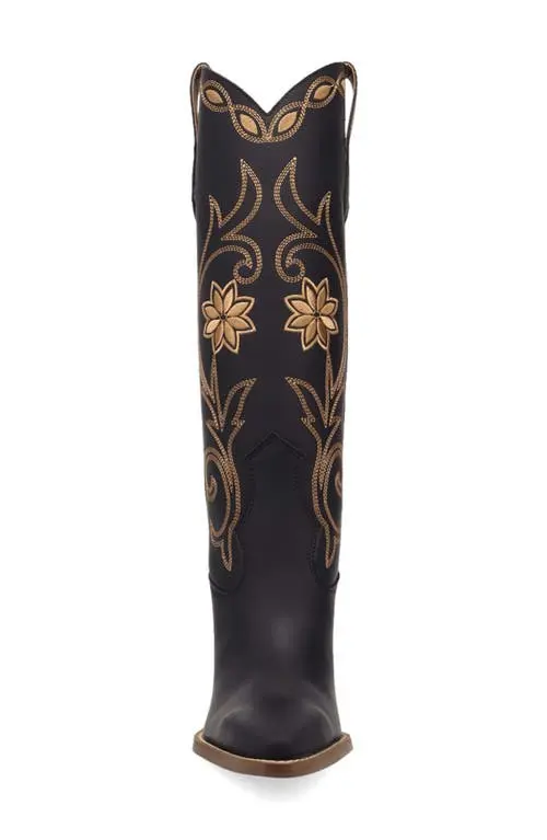 DINGO Miss Daisy Knee-high Western Boots With Floral Embroidery - Black