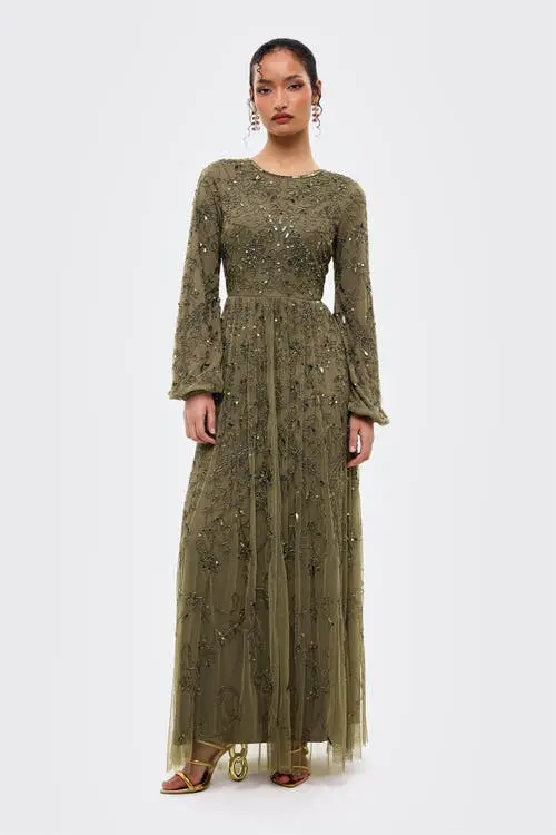 MARYISA Modest Ebellished Sequins A Line Maxi Dress - Khaki
