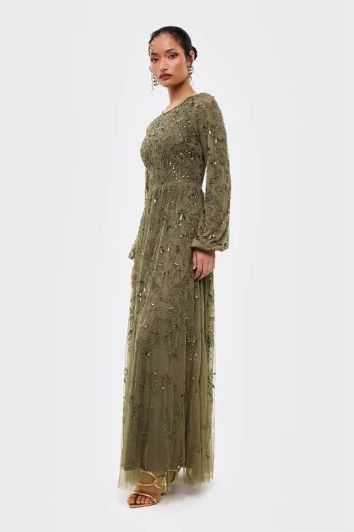 MARYISA Modest Ebellished Sequins A Line Maxi Dress