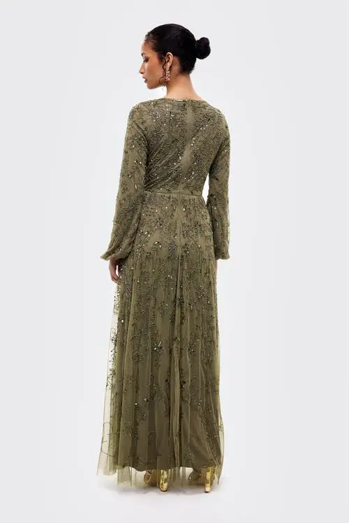 MARYISA Modest Ebellished Sequins A Line Maxi Dress