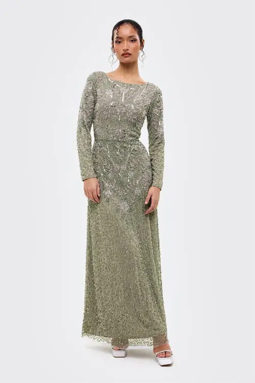 MARYISA Modest Embellished Sequins Fitted Maxi Gown