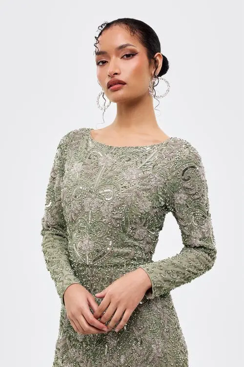 MARYISA Modest Embellished Sequins Fitted Maxi Gown