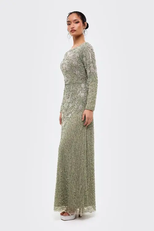 MARYISA Modest Embellished Sequins Fitted Maxi Gown
