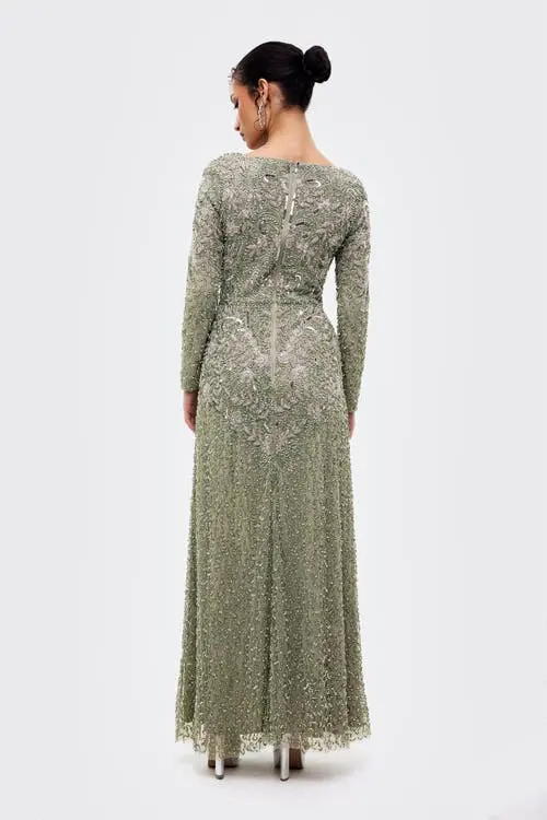 MARYISA Modest Embellished Sequins Fitted Maxi Gown