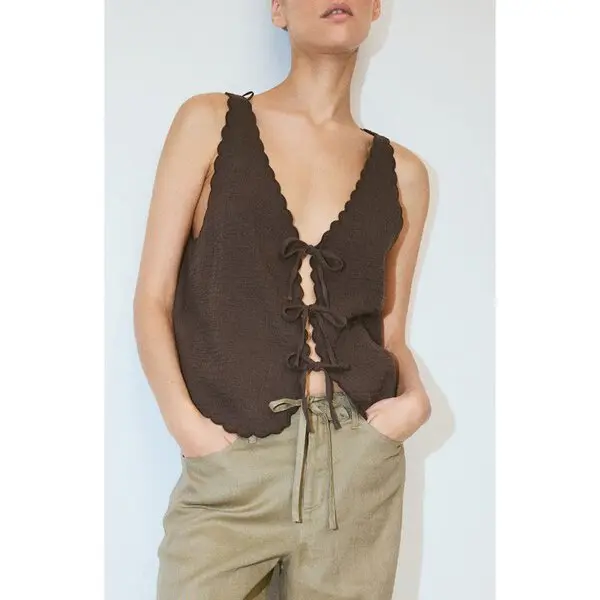 Mango Scalloped Double Gauze Tie-front Top