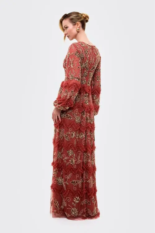 BEAUUT Embellished Sequins Maxi Ruffle Dress