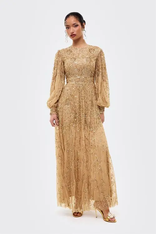 MARYISA Modest Embellished Sequins A Line Maxi Dress - Richmond