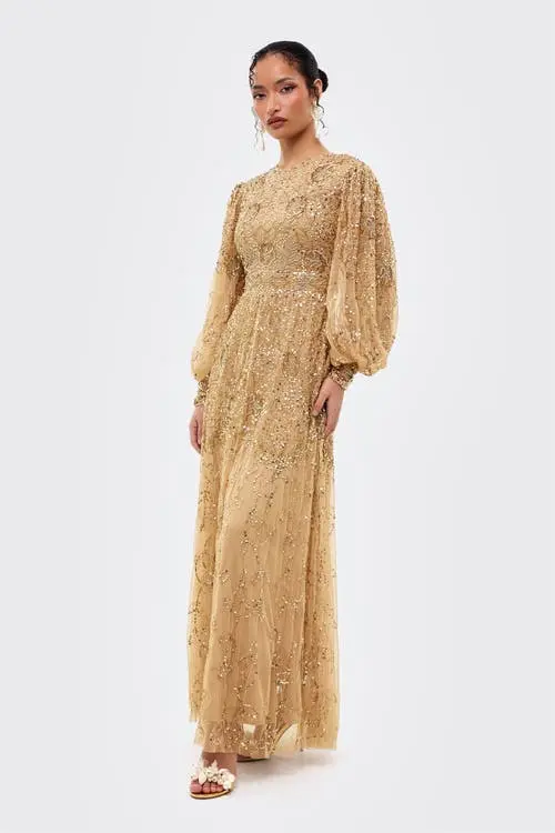 MARYISA Modest Embellished Sequins A Line Maxi Dress