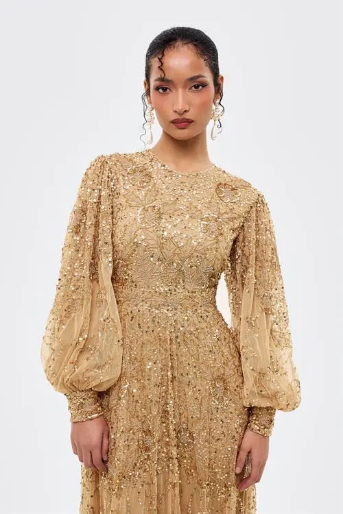 MARYISA Modest Embellished Sequins A Line Maxi Dress