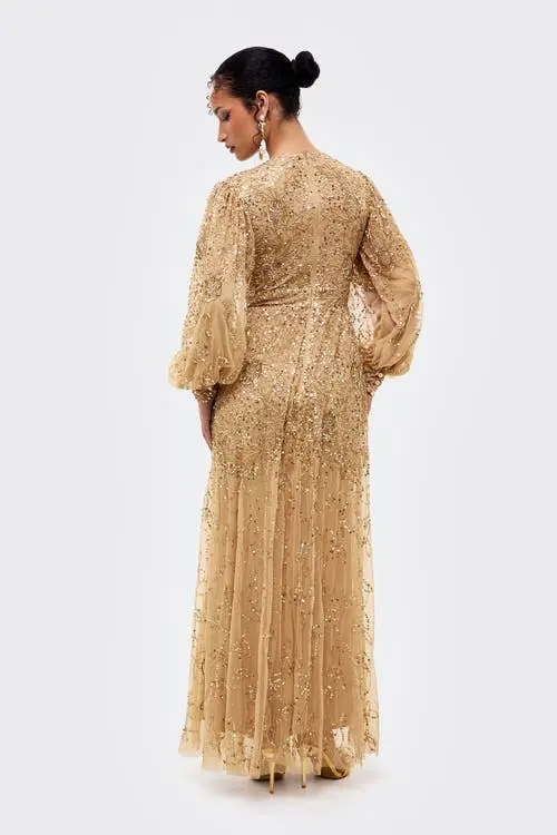 MARYISA Modest Embellished Sequins A Line Maxi Dress