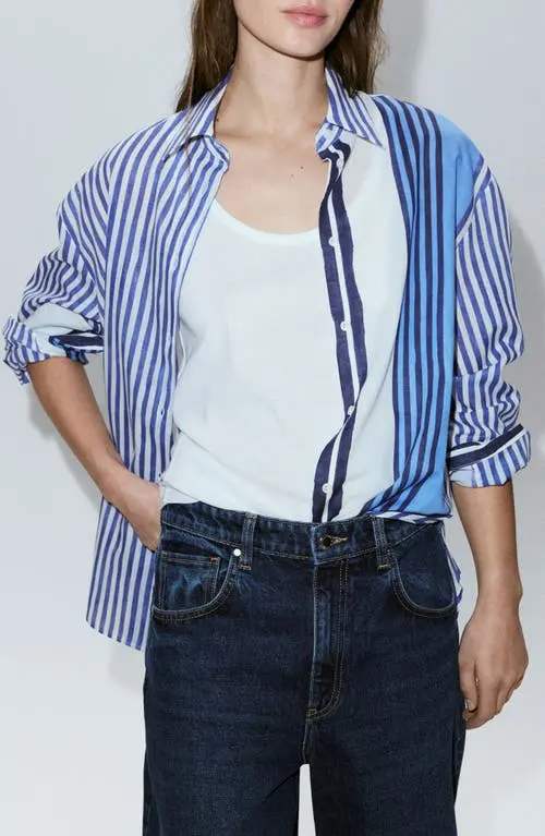 Mango Stripe Cotton Button-up Shirt