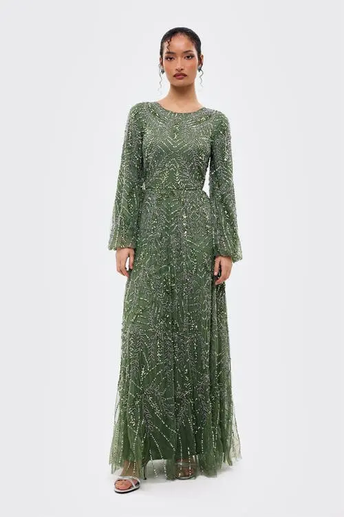 MARYISA Modest Embellished Sequins A Line Maxi Gown - Dark Green