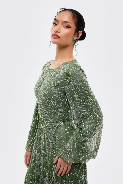 MARYISA Modest Embellished Sequins A Line Maxi Gown