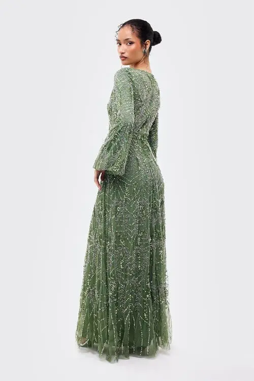 MARYISA Modest Embellished Sequins A Line Maxi Gown