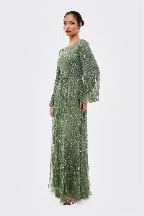 MARYISA Modest Embellished Sequins A Line Maxi Gown