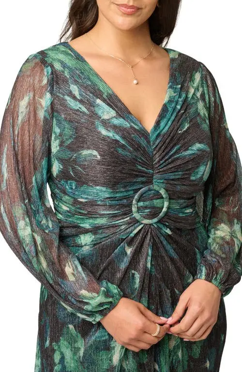 Adrianna Papell Metallic Floral Mesh Midi Dress