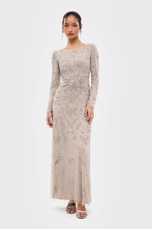 MARYISA Modest Floral Embellished Sequins Maxi Dress - Grey