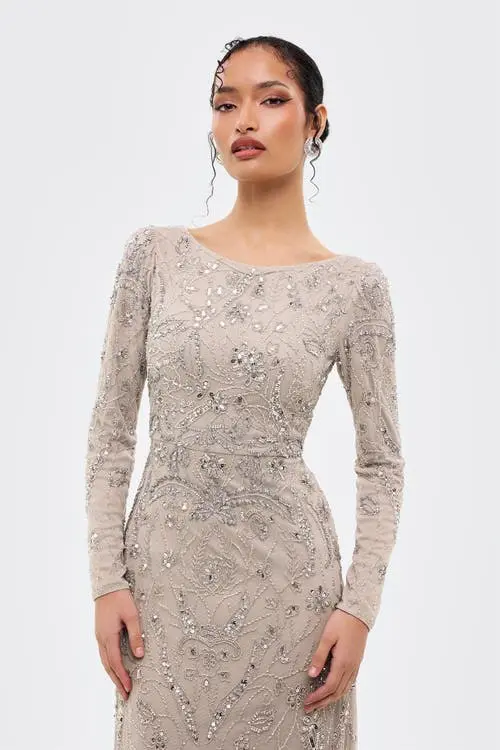 MARYISA Modest Floral Embellished Sequins Maxi Dress