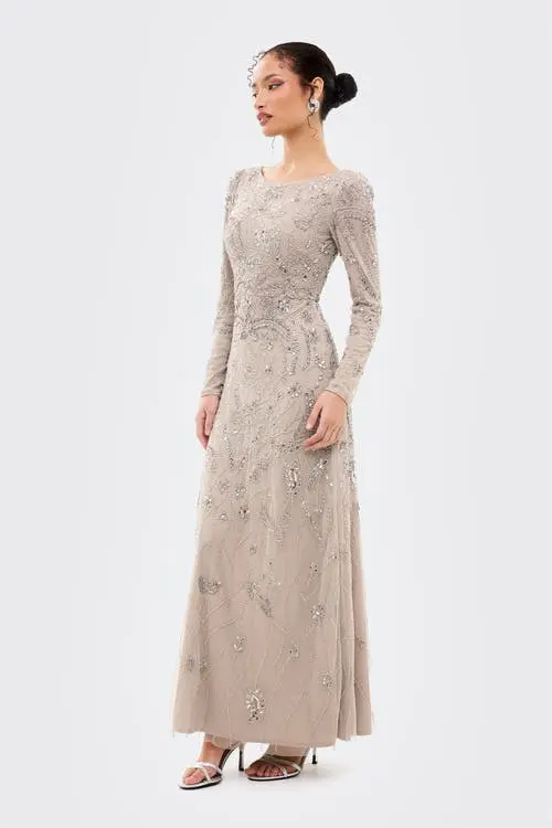 MARYISA Modest Floral Embellished Sequins Maxi Dress