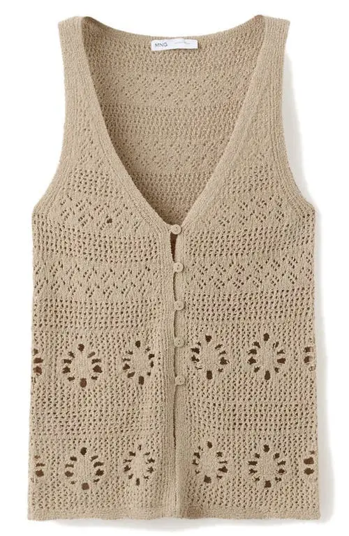 Mango Crocheted Button-front Sleeveless Vest - Sand