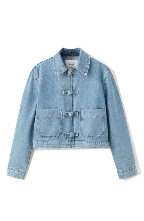 Mango Cropped Denim Jacket With Knotted Toggles
