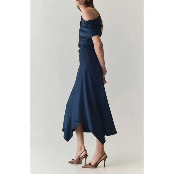 Mango Asymmetrical Satin Midi Dress - Navy