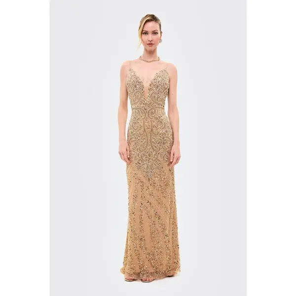 BEAUUT Embellished Sequin Maxi Dress With Trail