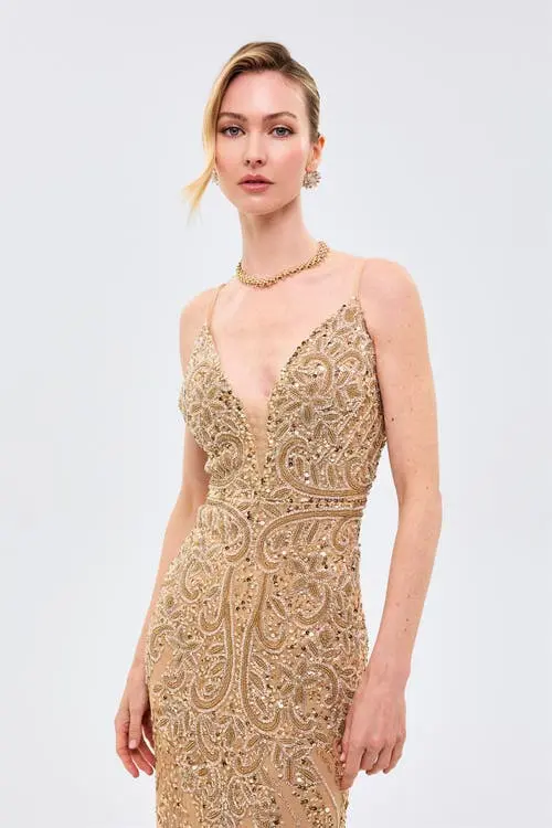 BEAUUT Embellished Sequin Maxi Dress With Trail