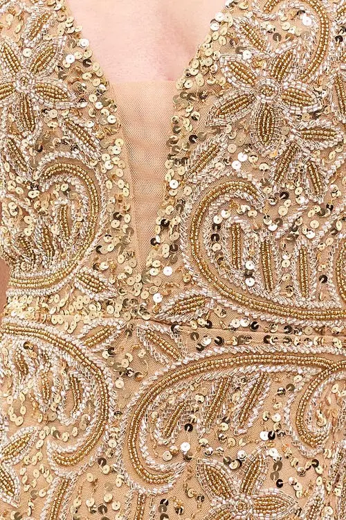 BEAUUT Embellished Sequin Maxi Dress With Trail