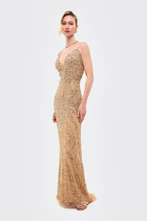 BEAUUT Embellished Sequin Maxi Dress With Trail