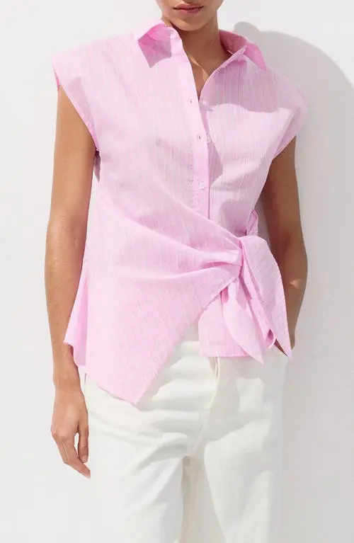 Mango Knotted Stripe Cap Sleeve Button-up Shirt