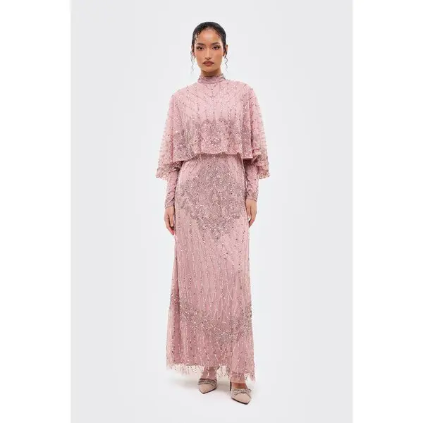 MARYISA Modest Cape Embellished Sequins Gown