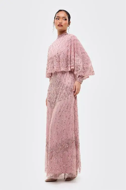 MARYISA Modest Cape Embellished Sequins Gown