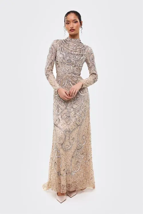 MARYISA Modest Cowl Embellished Sequins Maxi Dress
