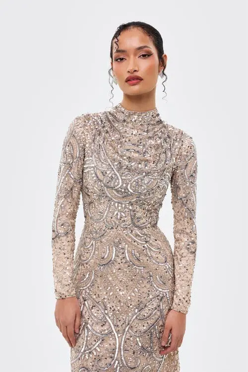 MARYISA Modest Cowl Embellished Sequins Maxi Dress