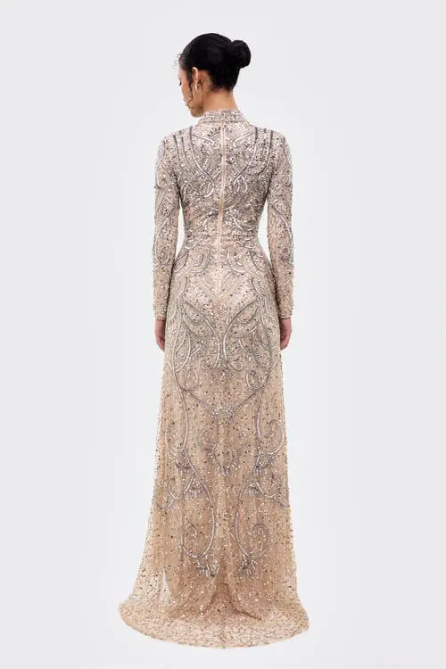 MARYISA Modest Cowl Embellished Sequins Maxi Dress
