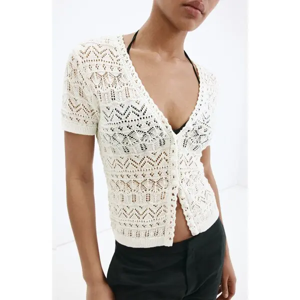 Mango Open Knit Short Sleeve V-neck Cardigan - Ecru