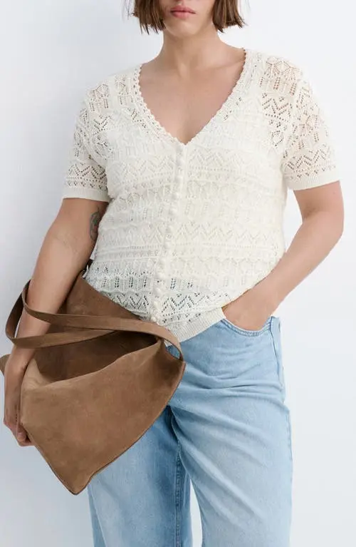 Mango Open Knit Short Sleeve V-neck Cardigan - Ecru