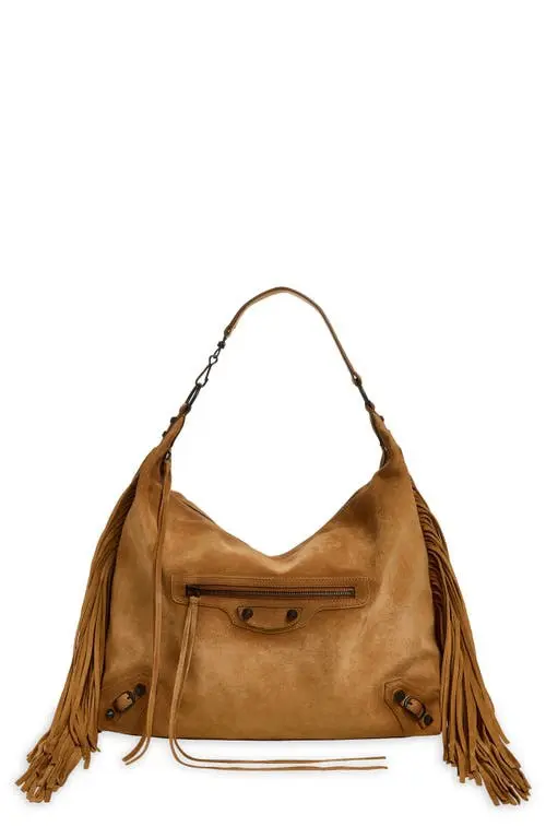 Balenciaga Medium Le City Fringe Suede Hobo Bag - 2533 Camel