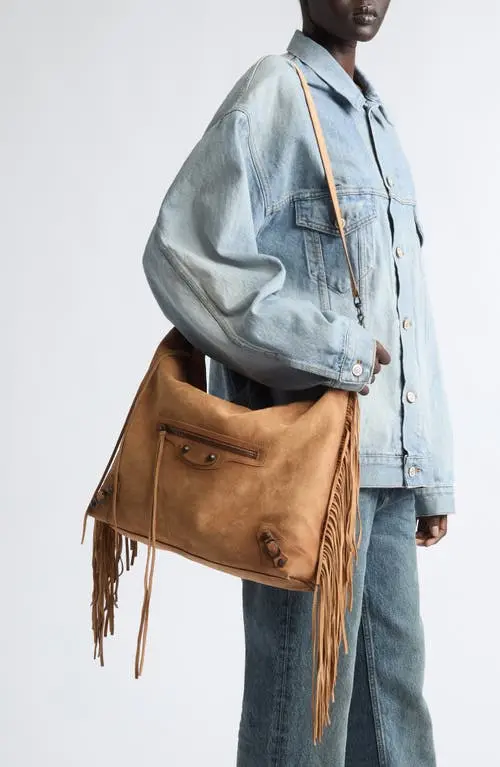 Balenciaga Medium Le City Fringe Suede Hobo Bag - 2533 Camel
