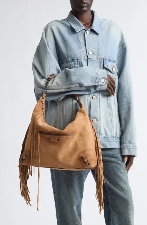 Balenciaga Medium Le City Fringe Suede Hobo Bag - 2533 Camel
