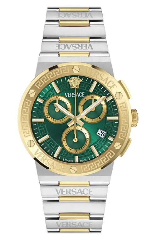 Versace Greca Logo Chronograph Stainless Steel Bracelet Watch - Two Tone/green