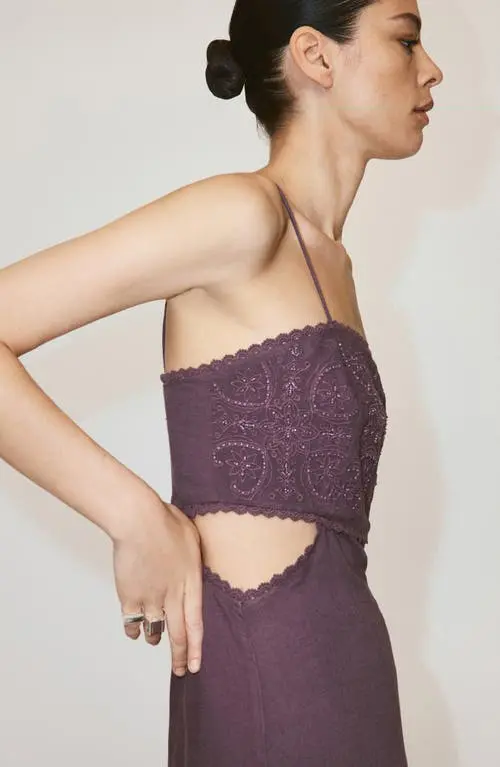 Mango Embroidered Beaded Linen Blend Dress