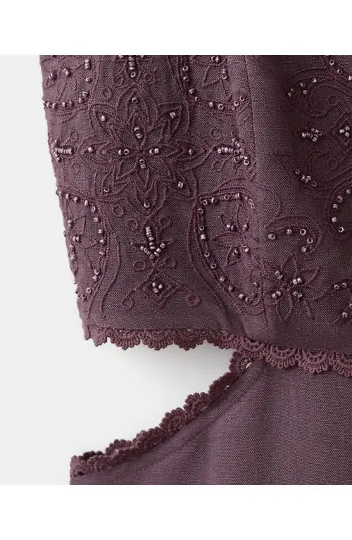 Mango Embroidered Beaded Linen Blend Midi Dress With Lace Trim