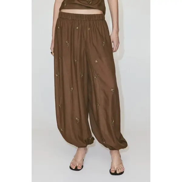 Mango Beaded Embroidered Balloon Pants - Brown